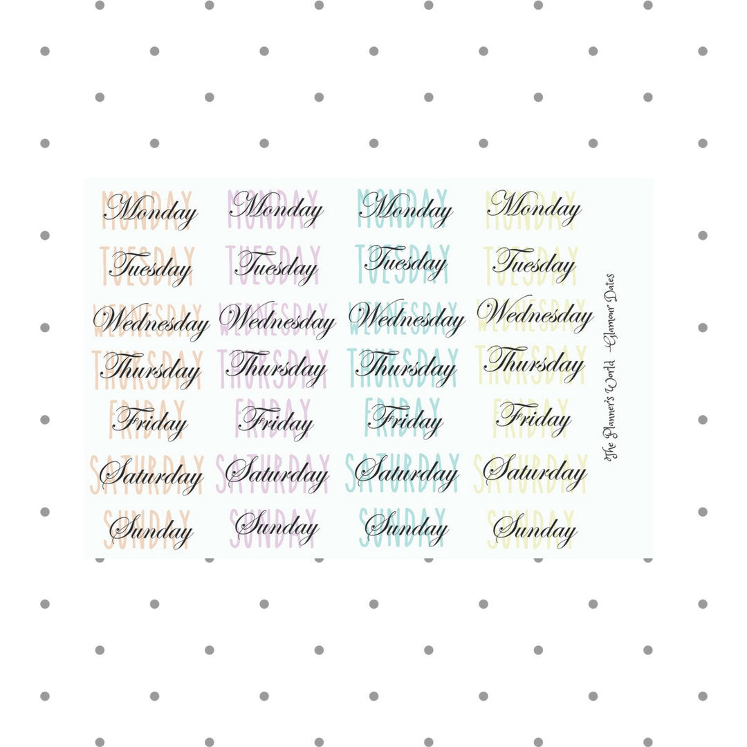 Script-014 || Glamour Weekdays Date Covers Planner Stickers – The ...